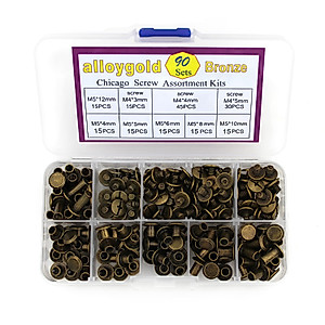 90 Sets Bronze Chicago Screws Leather Assorted Kit ，6 Sizes of Screw Rivets for Leather Rivet for DIY Leather Craft and Bookbinding (M5 X 4, 5, 6, 8, 10, 12)
