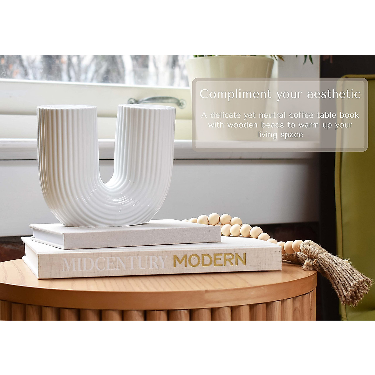 Kigan Home Linen Decorative Book - Real Hardcover Neutral Midcentury Modern - Wooden Bead Garland for Coffee Table Decor, Modern or Boho Home Decor, Shelves, Fireplace Mantel