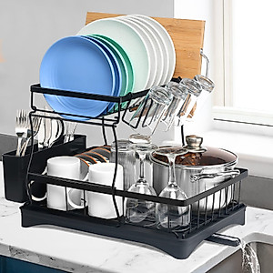 JUPELI Dish Drying Rack, 2 Tier Dish Racks for Kitchen Counter, Large Dish Drainer Strainer Dryer Tray Set, Kitchen Gadgets with Drainboard | Utensil | Cutting-Board Holder, Kitchen Organization Decor