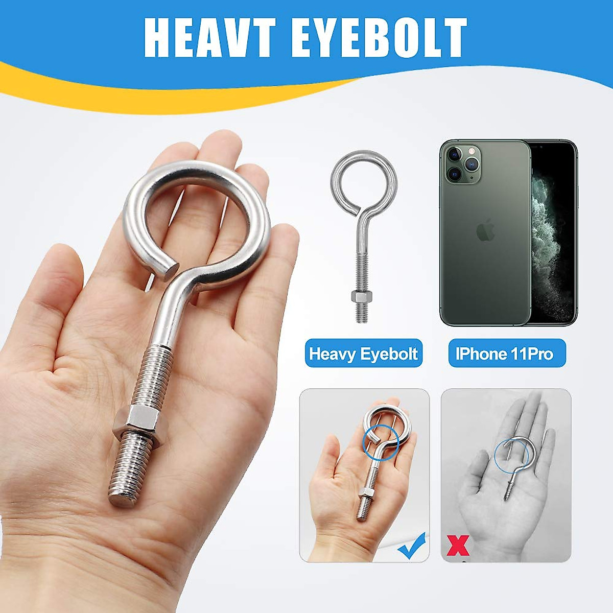 Stainless Steel Eyebolts with Nuts,4 Pcs 3/8 x 5 inch Long Heavy Duty Threaded Eye Bolts for tie-Downs, Lifting and securing Cables Wires