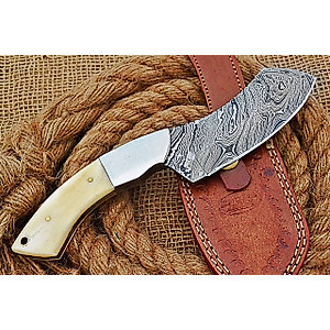 HUNTEX Handmade Hand-Forged Twist Pattern Damascus Steel 9 Inch Long Full Tang Natural Camel Bone Handle Razor Sharp Hunting Camping Cleaver Knife w/Genuine Leather Sheath