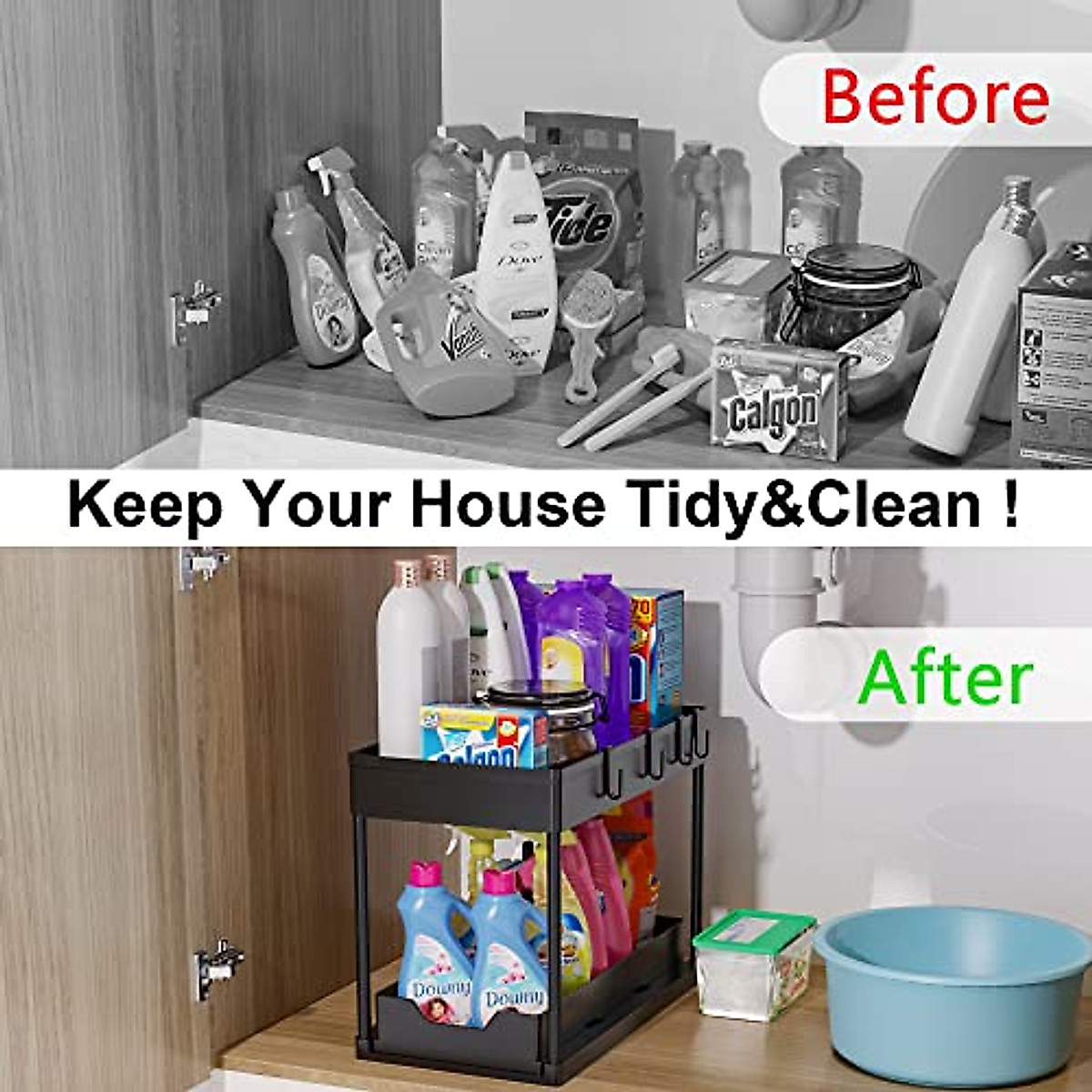 Under Sink Organizers and Storage - Adjustable Height Sliding 2-Tier Pull Out Drawer Rack Multi-Purpose Under Sink Shelf Organizer for Kitchen Bathroom Under Counter Cabinet Storage (Dark Black-2pcs)