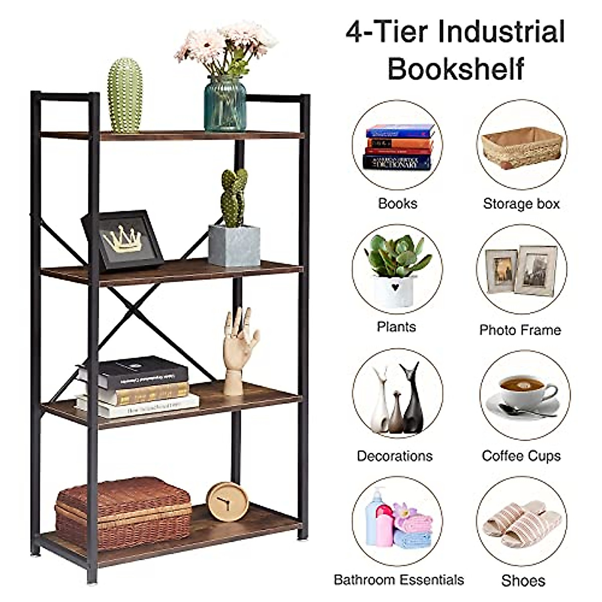 ide¡¤o, IDEO Bookshelf 4 Tier Home Office Industrial Bookcase Storage, Retro Brown, 47.44x25.98x11.81In