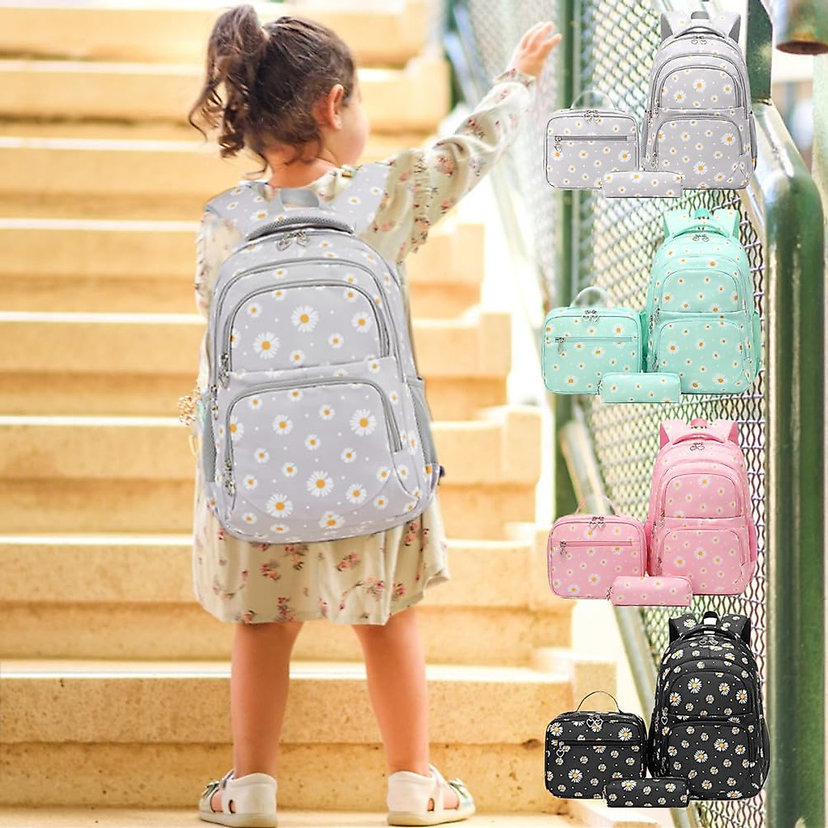 3Pcs Daisy Prints Backpack Sets Kids Bookbag Primary School Daypack Elementary Students Knapsack for Teens Girls