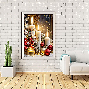 Christmas Diamond Painting Kits for Adults, Christmas Candles Diamond Art for Beginners, 5D Round Full Drill Winter Diamond Painting Gem Art Kits for Home Wall Decor 12x16inch