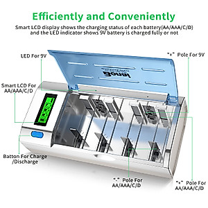 BONAI LCD Smart Battery Charger for C D AA AAA 9V NiMH NiCD Rechargeable Batteries with Refresh Function