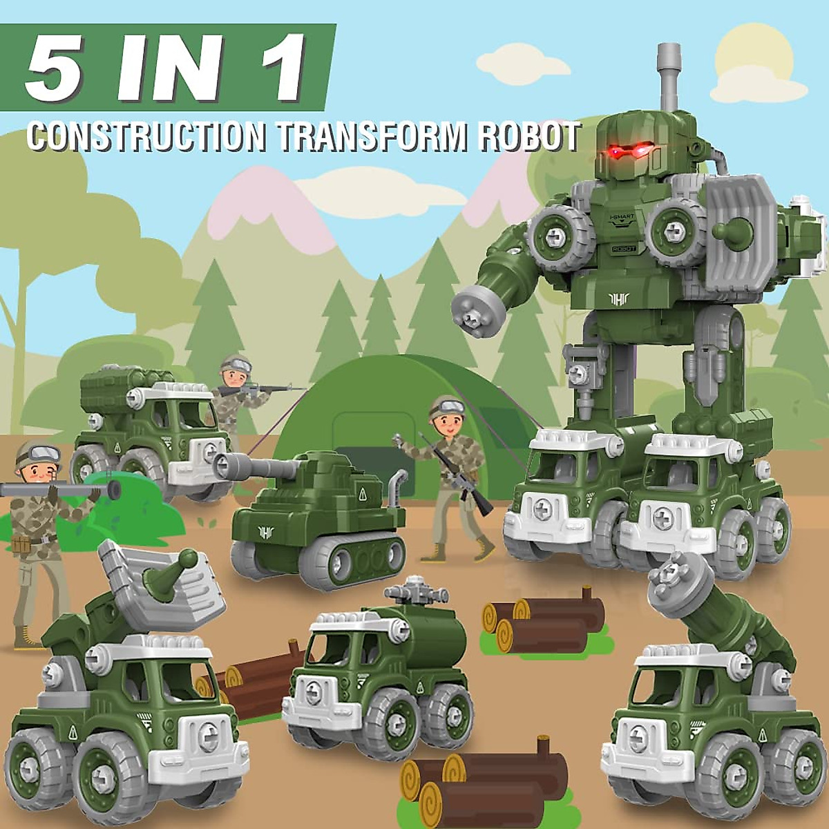 FXIZON STEM Take Apart Robot Construction Toys for Boys, 5 in 1 Military Vehicles Transform Toys Robot for Kids 3-5, Construction Building Truck Toys Gift for Toddlers Kids Boys Girls Ages 4-8