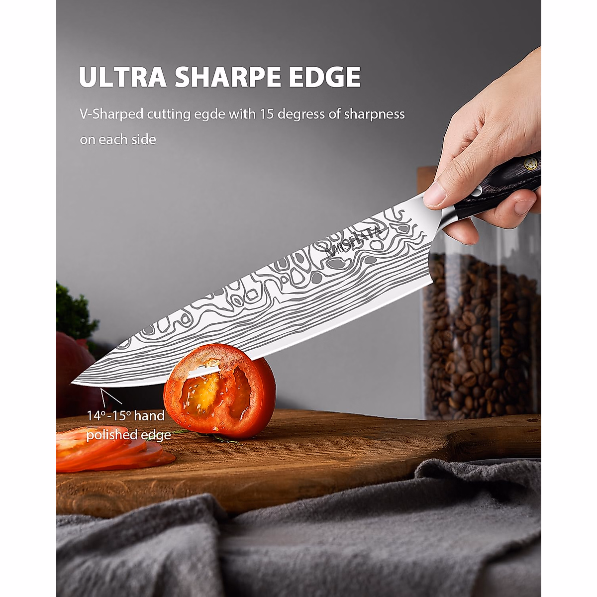 MOSFiATA 8" Super Sharp Professional Chef's Knife with Finger Guard and Knife Sharpener, German High Carbon Stainless Steel EN1.4116 with Micarta Handle and Gift Box