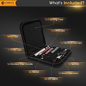 CynaMed ENT Diagnostic Kit - Ear, Nose, Throat Examination Instruments Set - Otoscope, Opthalmoscope, Earwax Remover, Nasal Dilator, Speculum, LED Lights, Mirrors, Replacement Tips, Leather Carry Bag