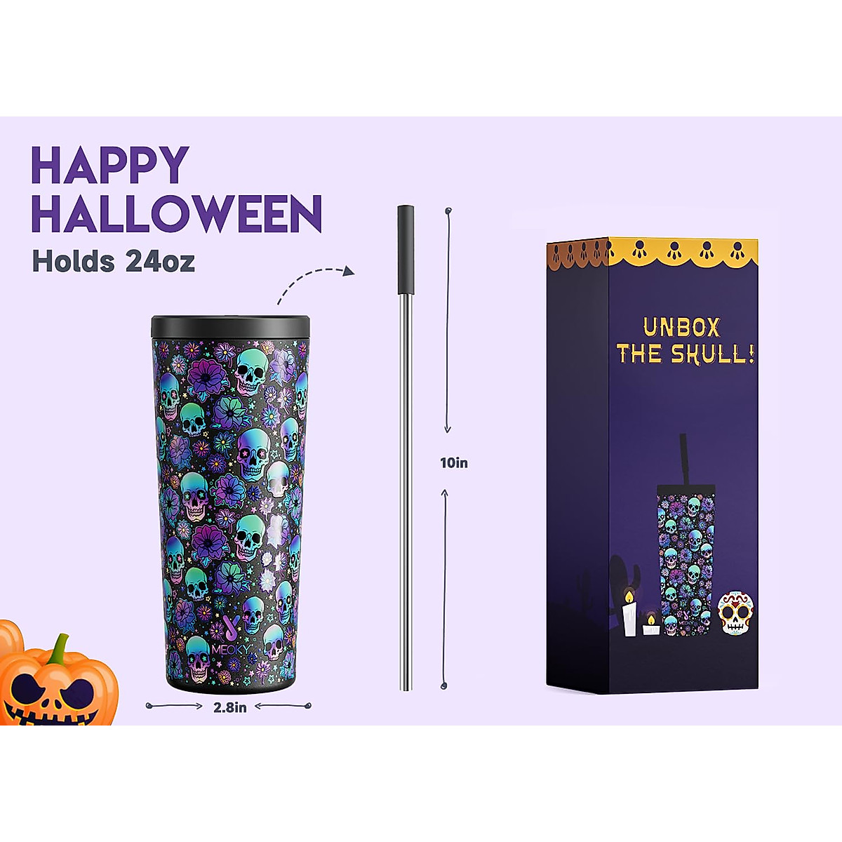 Meoky 24 oz Halloween Tumbler with Lid and Straw, Stainless Steel Vacuum Insulated Tumbler, Keeps Cold for 24 Hours, 100% Leak Proof, Fits in Car Cup Holder (Black Skull)