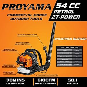 PROYAMA 54CC Gas Powered Backpack Leaf Blower 780CFM 248MPH Extreme Duty 2-Cycle Gasoline Powered Leaf blowers for Lawn Care Yard Snow Blowing Dust Debris