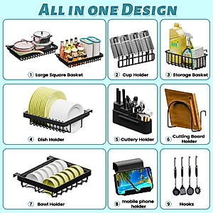 ADBIU Over The Sink Dish Drying Rack (Expandable Height and Length) Snap-On Design 2 Tier Large Dish Rack (27-36L x 12W x 32.5-37H (inches))