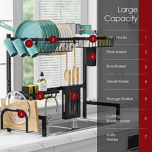 Sakugi Dish Drying Rack - Large Over The Sink Dish Drainer Drying Rack (30.0" to 33.9" W), Large Capacity Stainless Steel Dish Rack, Multifunctional Kitchen Organizers and Storage Rack, Black