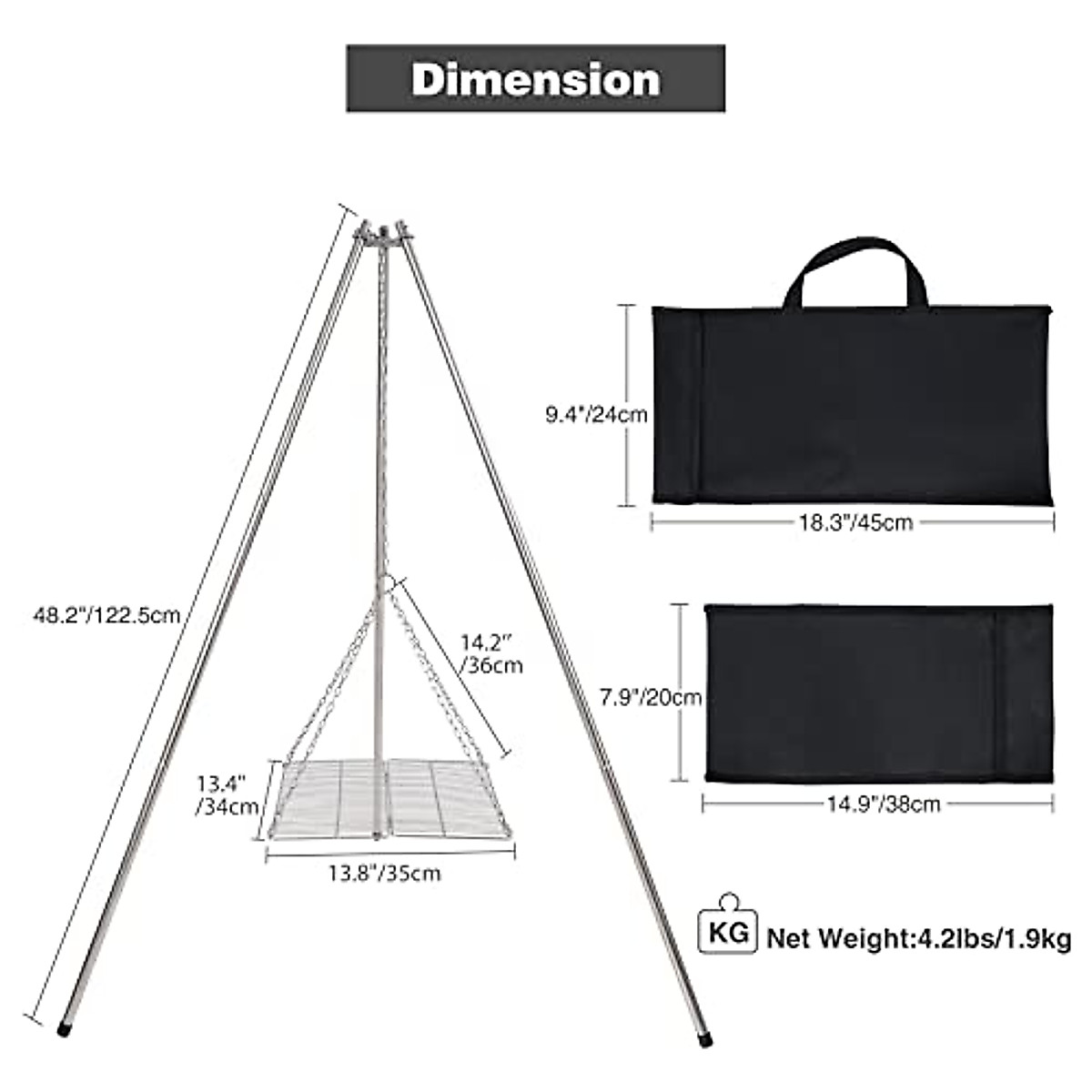 REDCAMP Campfire Tripod, Folding Camping Grill with Grill Grate, Tripod Cooker for Cooking,Ourdoor BBQ