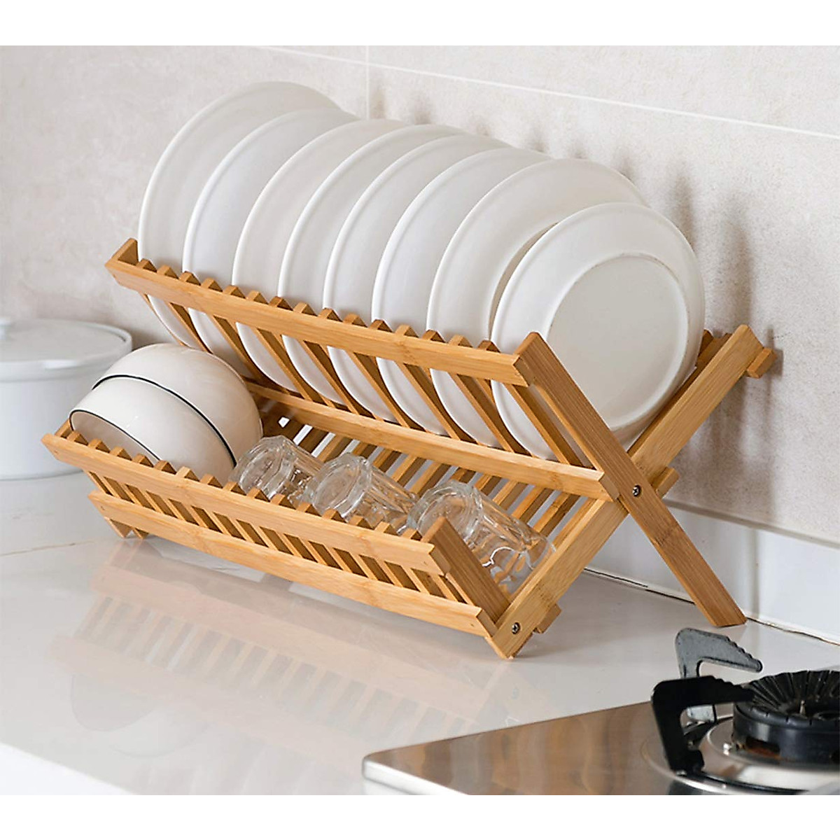 Lawei Collapsible Bamboo Dish Drying Rack - Plate Holder Dish Rack Cup Drying Strainer for Dish, Plate, Bowls, Cup