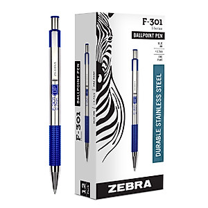Zebra Pen F-301 Retractable Ballpoint Pen, Stainless Steel Barrel, Fine Point, 0.7mm, Blue Ink, 12-Pack