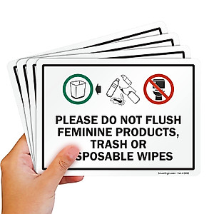 SmartSign (Pack of 4) 5 x7 inch “Please Do Not Flush Feminine Products, Trash Or Disposable Wipes” Labels with Symbols, 5 mil Laminated Polyester with SuperStick Adhesive, Multicolor
