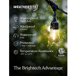 Brightech Ambience Pro – Solar Power Remote Control Outdoor String Lights with Edison Bulbs – Shatterproof, Commercial Grade LED Waterproof Patio Lights – 1W, 3,000K, Hanging, 48 ft