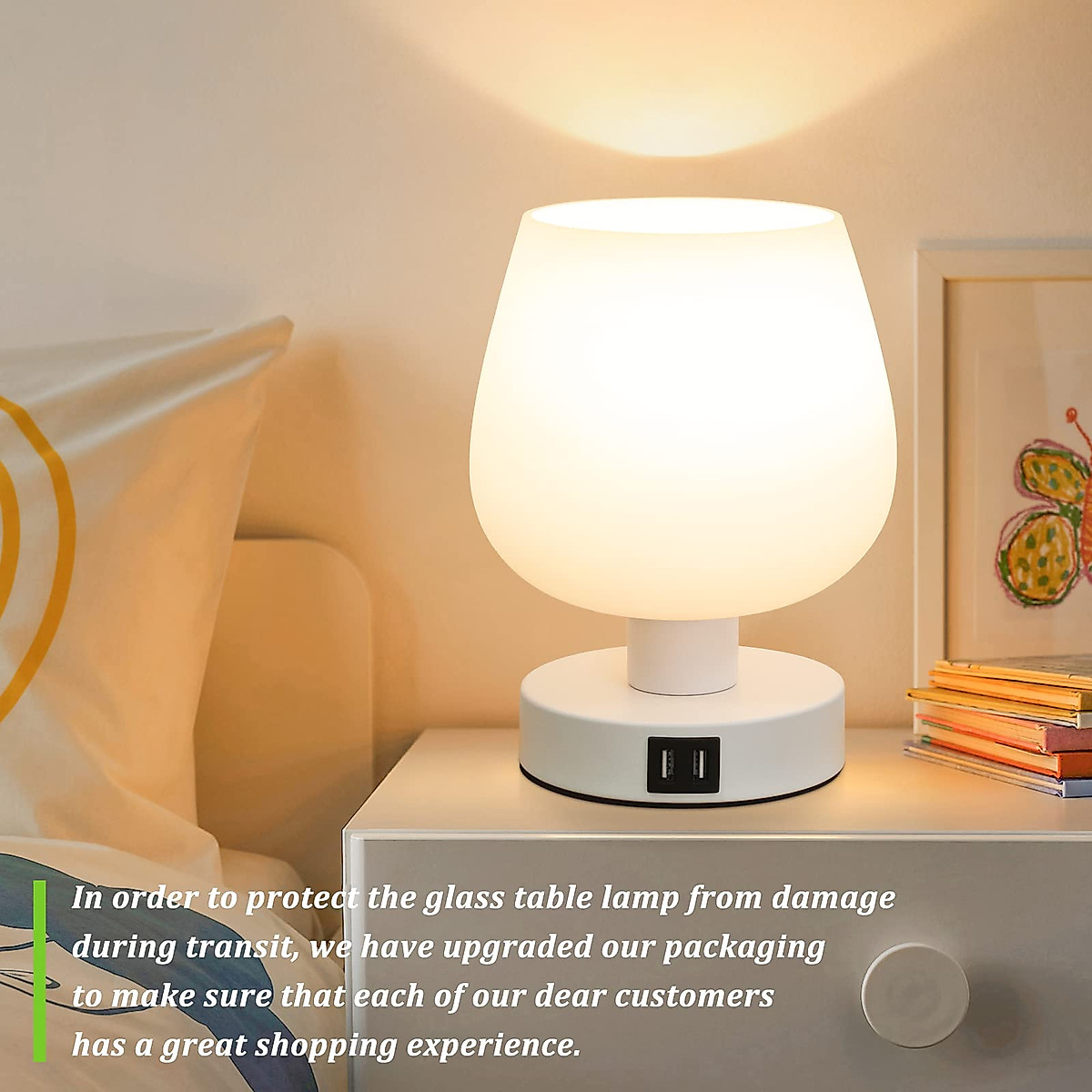 Touch Control Bedside Table Lamp with 2 USB Ports, Dimmable Small Nightstand Lamp for Bedroom, Modern Desk lamp with White Glass Lampshade, with 2700K-6000K Adjustable Color Temperature Bulb