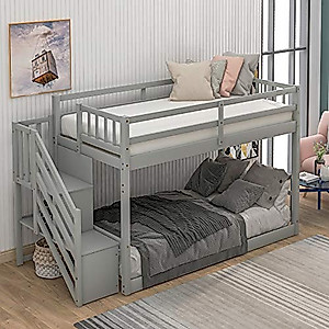 P PURLOVE Twin Over Twin Junior's Low Bunk Bed with Storage Stairs,Wood Floor Bunk Bed with Storage for Kids Teens,Floor Twin Size Bunk Bed with Slat, No Box Spring Need