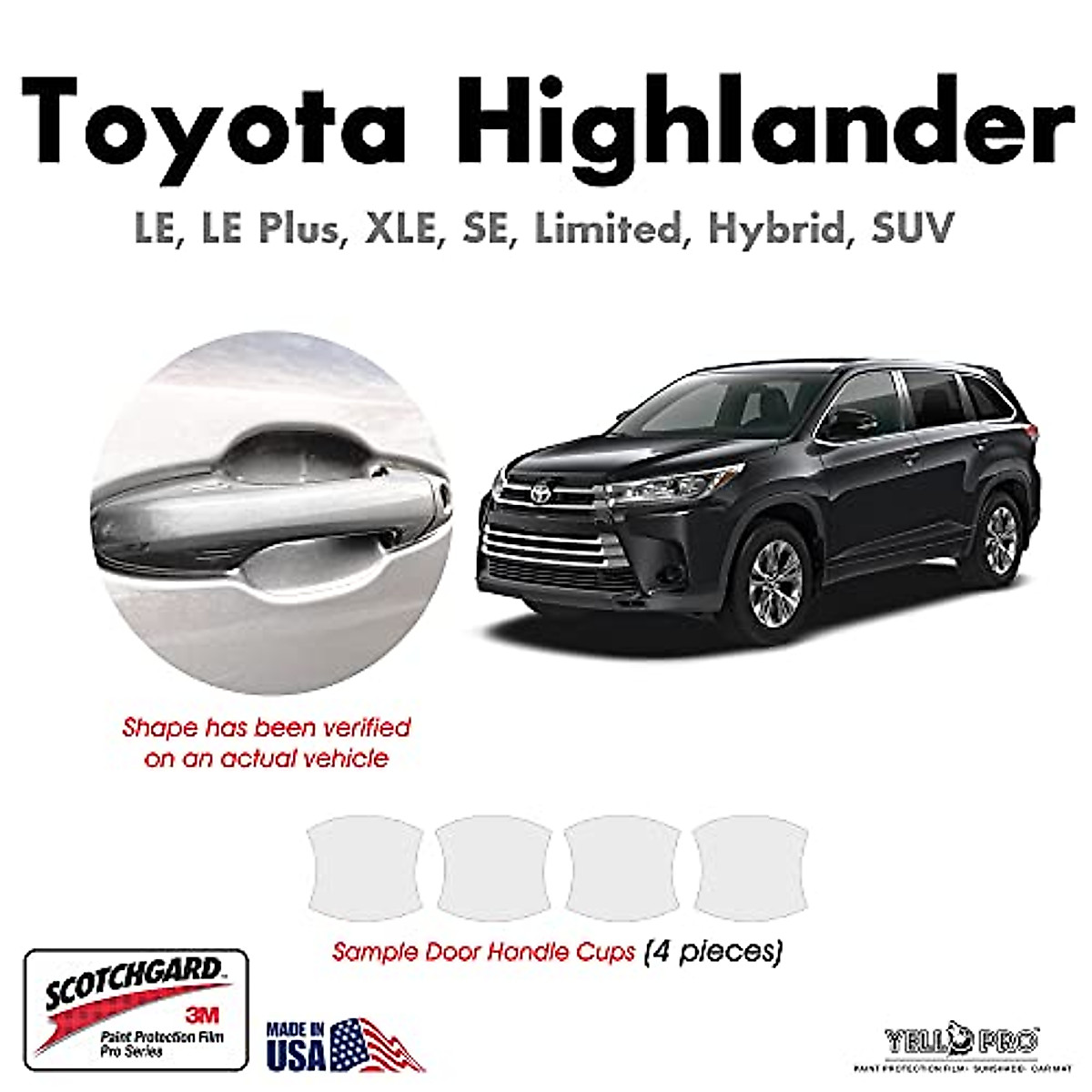 YelloPro Custom Fit Door Handle Cup 3M Anti Scratch Clear Bra Paint Protector Film Self Healing Guard Kit for 2017 2018 2019 Toyota Highlander LE, LE Plus, XLE, SE, Limited, Hybrid, SUV