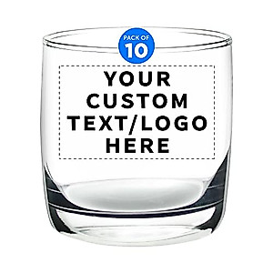 Custom Whiskey Glasses 10 oz Set of 10, Personalized Bulk Pack - Heavy Base Old Fashioned Glass, Perfect for Scotch, Bourbon, Whiskey, Cocktail - Clear