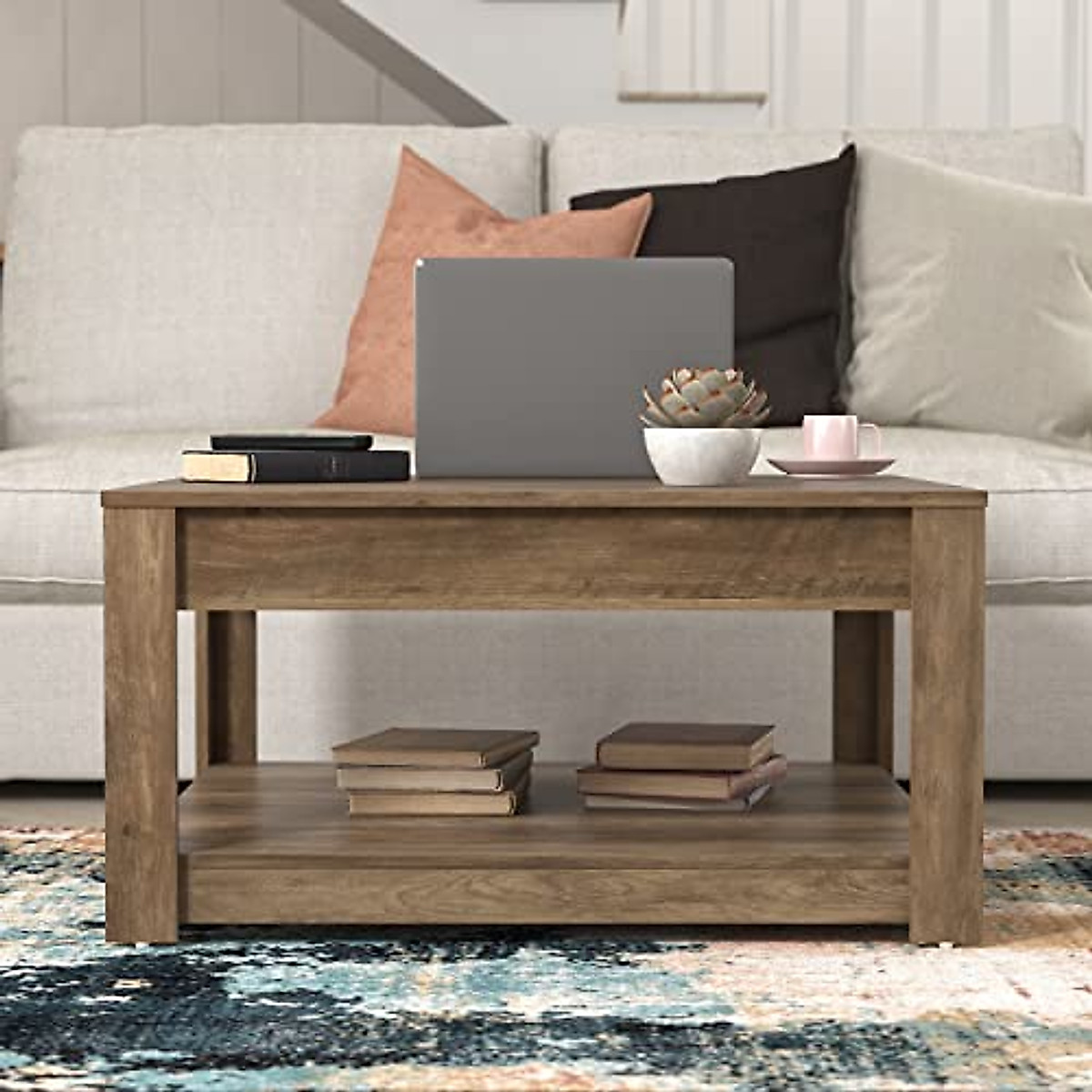 Galano Philia Square Coffee Table - Hidden Compartment and Storage Shelf - Modern Tabletop Dining Table for Living Room - Engineered Wood - Easy Assembly - Knotty Oak