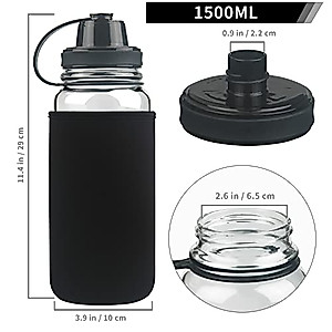Ferexer Large 48 oz Glass Water Bottle with Straw & Time Marker, Reusable Motivational Borosilicate Water Bottle with Neoprene Sleeve BPA Free