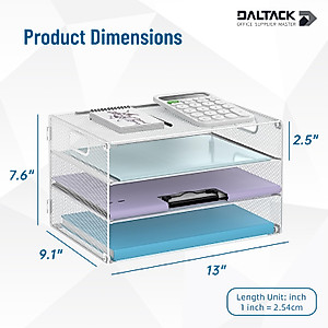 DALTACK 3 Tier Letter Tray Paper Organizer with Handle, Mesh Desk File Organizer, Paper Tray Desk Organizer for School Office Home, Metal Mesh, White