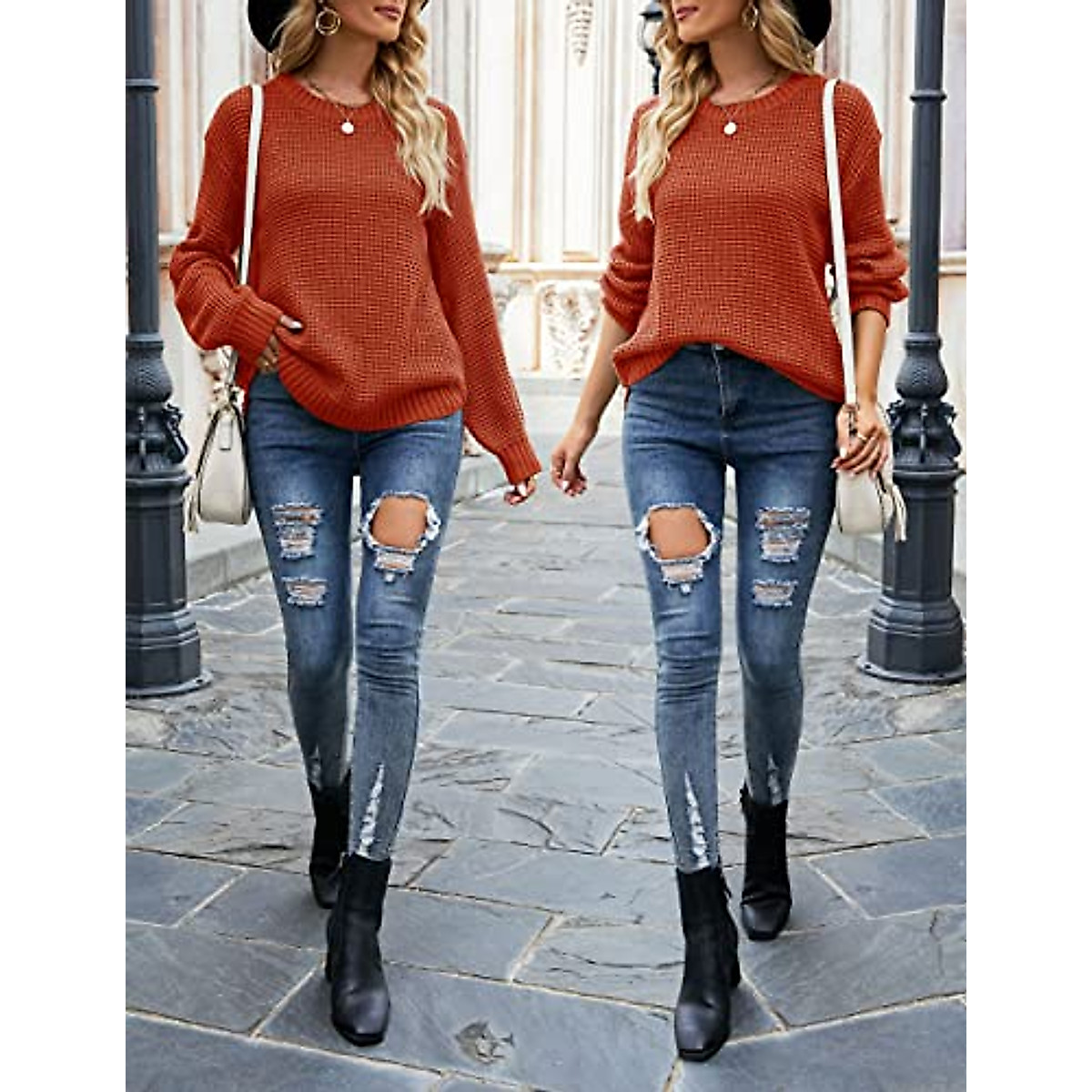 MEROKEETY Women's 2023 Casual Fall Waffle Knit Sweater Long Balloon Sleeve Loose Pullover Jumper, Rust, M