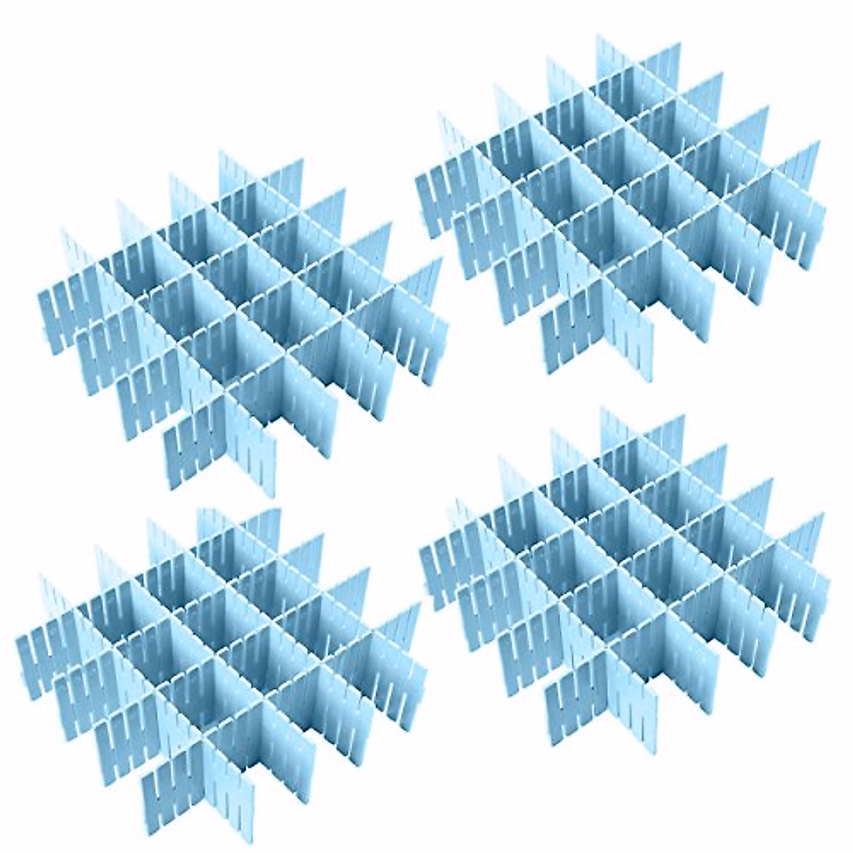 NewFerU Drawer Organizer Grid Dividers X 32, Adjustable Plastic DIY Partition Separators, Storage Box Tidy Inserts for Underwear Sock Bra Tie Scarf Tshirt Ornament Makeup Kitchen Cutlery (Blue)