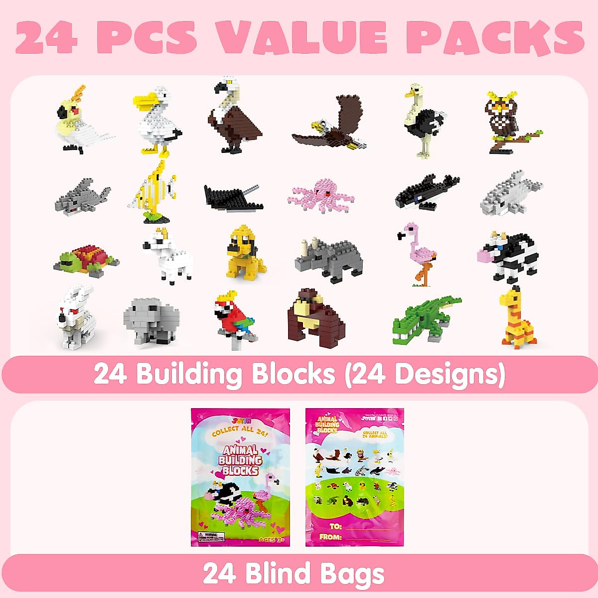 JOYIN 24 Pcs Valentine Animal Building Blocks in Blind Bags, Including Safari Animals, Sea Animals, Flying Birds Design, STEM Building Toys for Kids Valentine's Day Party Favors, Gift Exchange