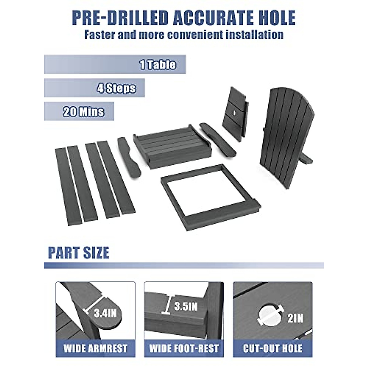 MARVOWARE Tall Adirondack Chairs Set of 2, Balcony Chair with Connecting Tray, 27.6 Inch Seat Height Outdoor Barstools, HDPE Plastic Patio Stools with Umberlla Hole Outdoor Patio Lawn