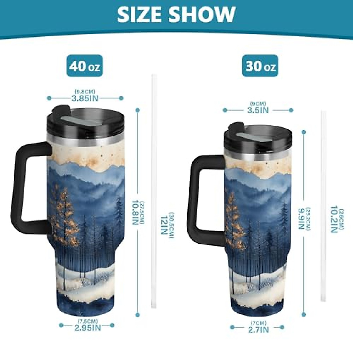 Selerdon 40 oz Tumbler Winter Forest with Handle and Straw Lid Vacuum Stainless Steel Insulated Water Bottle Travel Mug Car Cup Holder Friendly BPA Free for Gym Travel Office