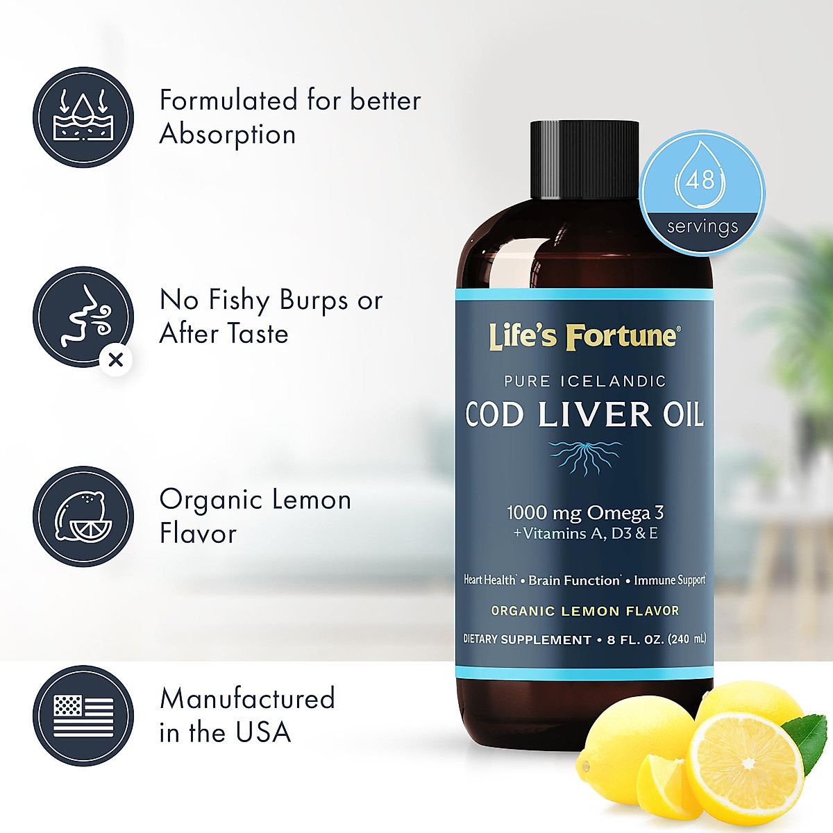 Life's Fortune Cod Liver Oil liquid Organic Lemon Flavor (8 Oz) 1,000 mg Omega + Vitamin A, E & D3 - Supports Immune Health - 100% Fish Oil Supplement from Wild Ocean Cod-GMO Free