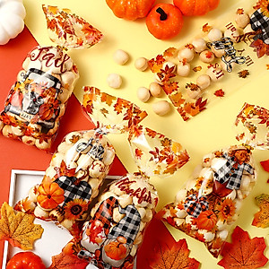 200 Pieces Thanksgiving Treat Bags Fall Cellophane Favor Bags Autumn Plaid Treat Bags Maple Leaves Pumpkin Fall Candy Bags with Twist Ties for Thanksgiving Fall Autumn Party Supplies