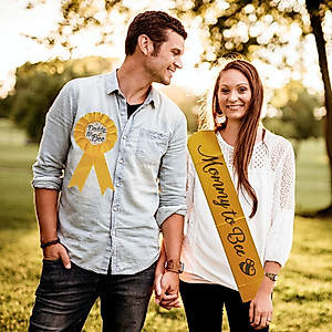 2 Packs Baby Shower Decorations Yellow Mommy to Bee Sash and Daddy to Bee Pin Tinplate Badge with Bee Pattern for Baby Welcome Party