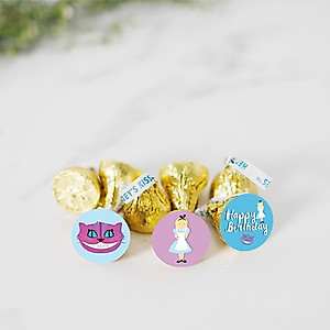 Andaz Press Birthday Chocolate Drop Labels Trio, Fits Kisses Party Favors, Alice in Wonderland - Alice, Cheshire Cat, Happy Birthday, 216-Pack
