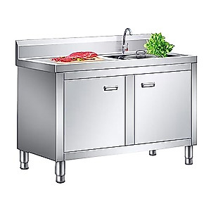 Commercial Restaurant Kitchen Sink Set,With Cabinet Stainless Steel Sink, Sink Cabinet Integrated,Freestanding Indoor Commercial/Industrial Sink,With Faucet(120cm/47.2in Left Platform)