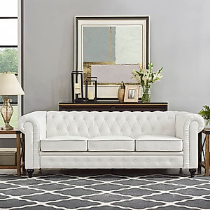 Naomi Home Emery Chesterfield Sofa with Rolled Arms, Tufted Cushions / 3 Seater Sectional Sofa Couch for Small Spaces, Living Room, Bedroom, Apartment Easy Tool-Free Assembly - White, Air Leather