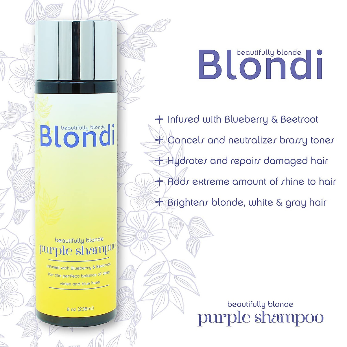 Blondi Beautifully Blonde Purple Shampoo - Vegan - Paraben Free - Sulfate Free - Salt Free - Animal Cruelty Free - Purple Shampoo for Blonde Hair - Toning Blue Shampoo for Blonde and Gray Hair