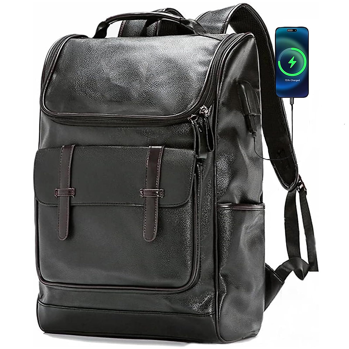 CHAO RAN Vintage Leather Backpack For Men Business Laptop Backpack With Charge Port Black Waterproof College School Bag