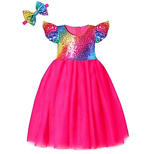 Cilucu Baby Girl Sequin Dress Ruffle Tutu Flower Girls Dress for Wedding Bridesmaid Princess Dress Kids Birthday Party Dress Easter Valentine's Day Gown Rainbow Hot Pink Size 2-3T
