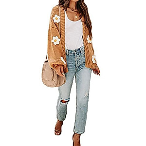 Women Crop Cardigan Sweater Long Lantern Sleeve 3D Flower Open Front Y2K Knit Cardigan Kawaii Crochet Sweater Tops (Camel+Flower, M)