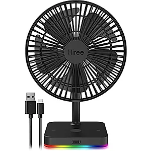 Hiree Personal USB Desk Fan with LED Lights, Quiet Air Circulator Table Fan with 1 USB Charging Port - Suitable for Home, Bedroom, Office