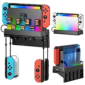 RGB Switch Wall Mount Kit for Nintendo Switch and OLED, Switch Dock Console Holder Stand, Switch Accessories with 7 Light Modes, 7 Card Slots, 4 Joy Con Hangers, 2 USB Ports, Behind TV, Graphite Black