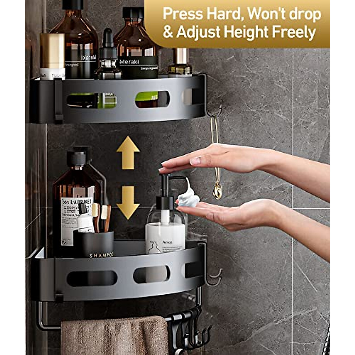 MAZEME 2 Pack Adhesive Corner Shower Caddy Organizer with 4 Hooks and Bathroom Towel Bar, Hanging Plastic Shower Shelf Basket Storage Racks No Drilling Rustproof Wall Mounted for Dorm College, Black