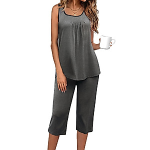 Ekouaer Capri Pajama Sets for Women 2 Piece Soft Cute Pjs Round Neck Sleeveless Lounge Set for Summer Sleepwear Dark Grey M