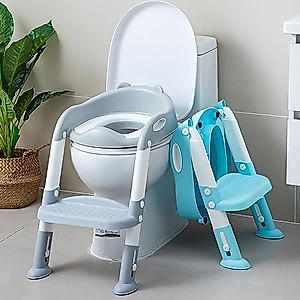 Potty Training Toilet Seat with Step Stool Ladder for kids and baby Adjustable Toddler Toilet Training Seat with Soft Not-Cold Padded Seat Safe Handles and Non-Slip Wide Steps, Ivory Grey for Kids