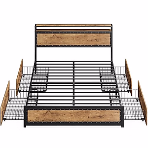 Gizoon Queen Bed Frame with Storage Headboard, 15 Iron Slats, Solid and Stable, Large Underbed Storage, No Box Spring Needed, Easy Assembly